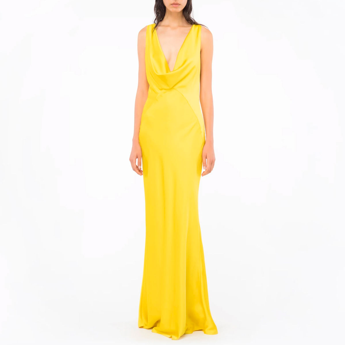 PINKO - Abito lungo giallo da cerimonia in raso con drappeggio su arteni.it
